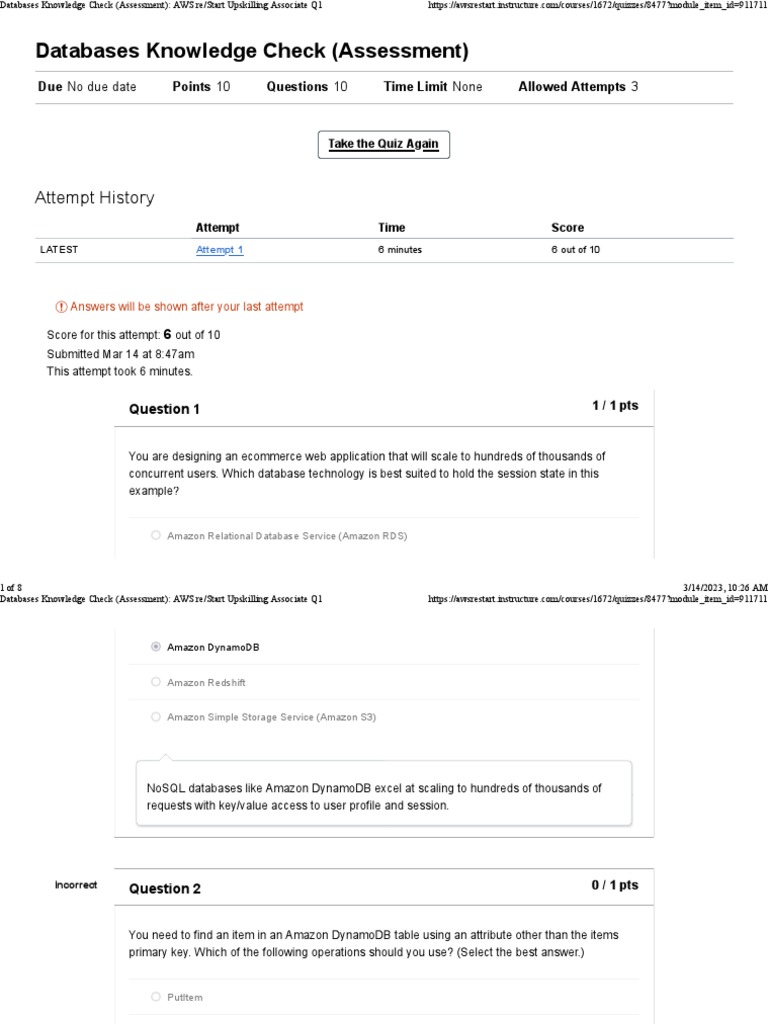 Databases Knowledge Check (Assessment) AWS Re - Start Upskilling ...