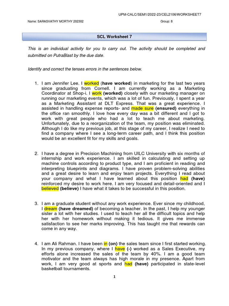 Correcting Tense Errors: A Worksheet for Identifying and Fixing Verb Tense Issues | PDF ...