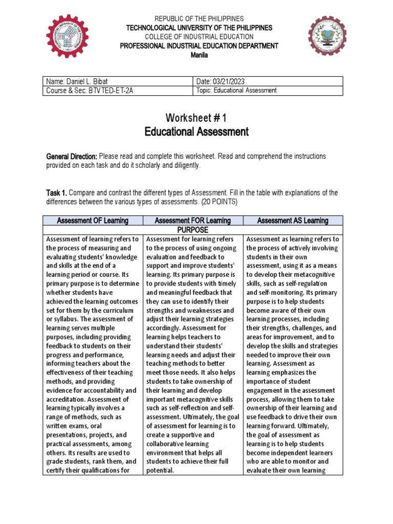 WORKSHEET 1 - Educational Assessment | PDF | Educational Assessment ...