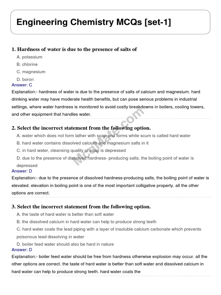Engineering Chemistry Solved MCQs [set-1] McqMate.com | PDF | Water | Atoms