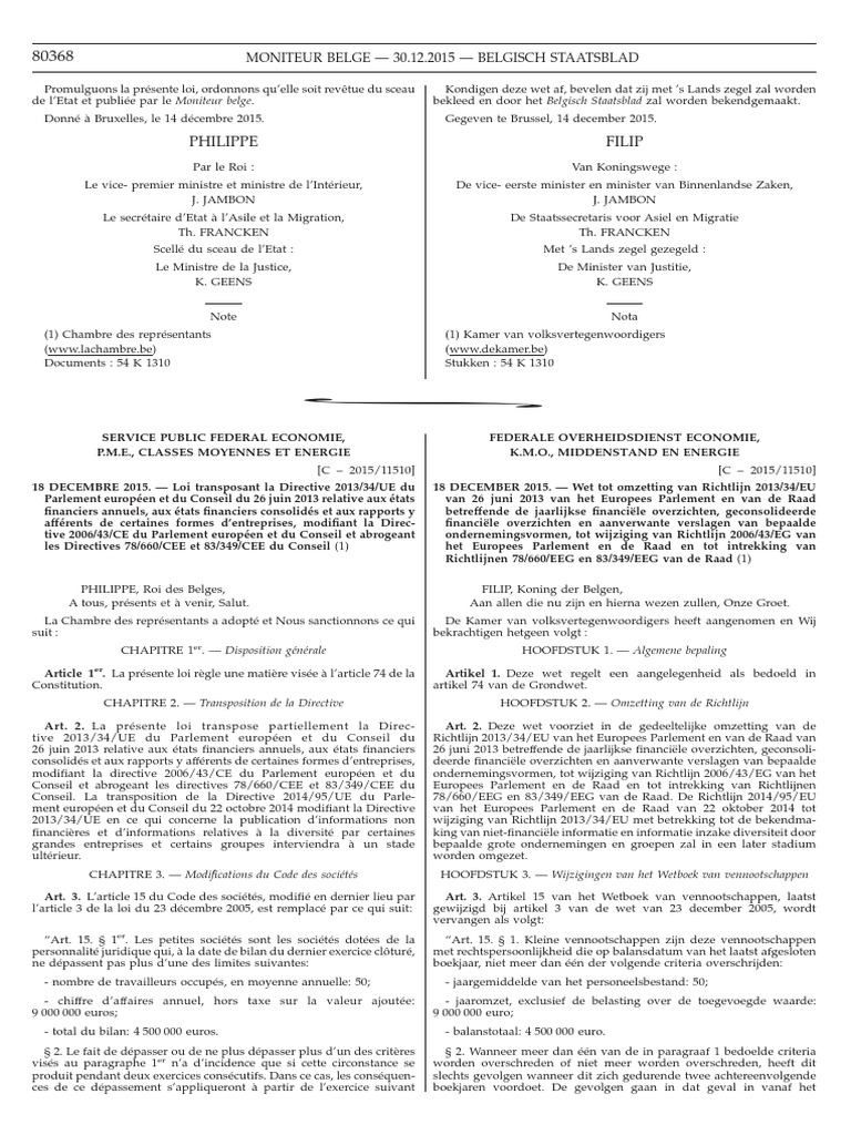 BE - 18 DECEMBRE 2015 - Loi Transposant La Directive 2013-34-UE Du ... BE - 18 DECEMBRE 2015 - Loi Transposant La Directive 2013-34-UE Du ...
