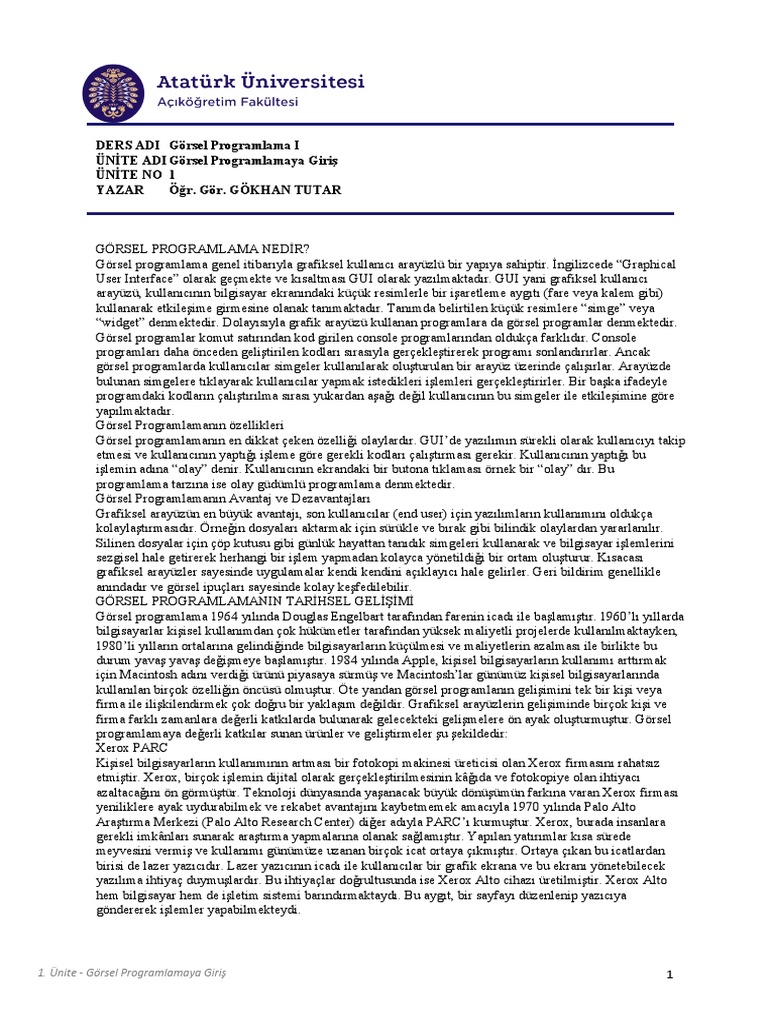 Ders Adi Ünite Adi Ünite No Yazar Görsel Programlama I Görsel ...