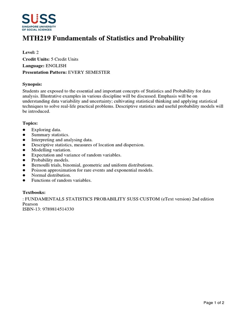 MTH219 Fundamentals Statistics Probability Data Analysis | PDF ...