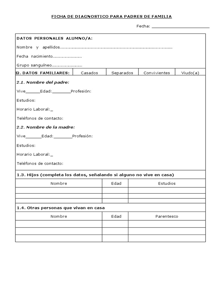 Ficha de Diagnostico para Padres de Familia: 2.1. Nombre Del Padre | PDF