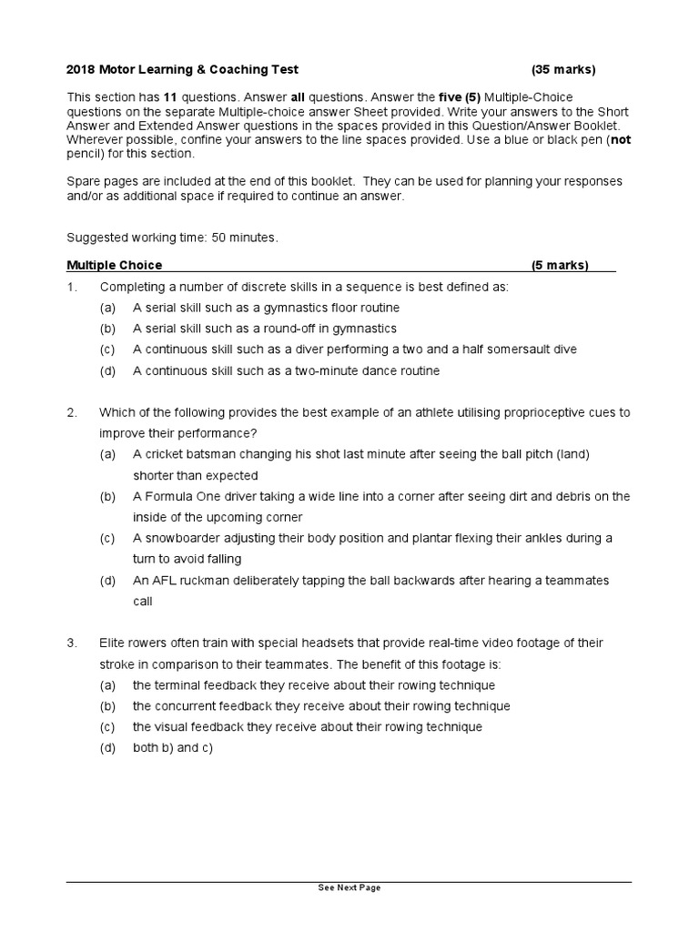 2018 Motor Learning & Coaching Test | PDF