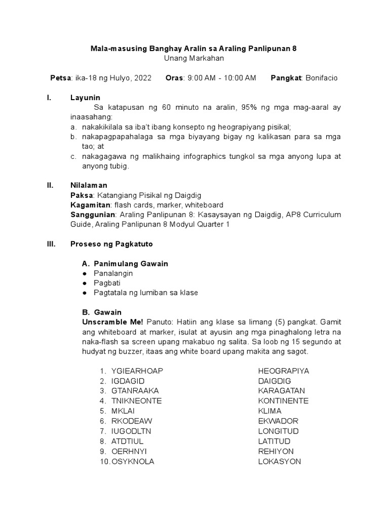 Banghay Aralin Sa Araling Panlipunan 8 | PDF