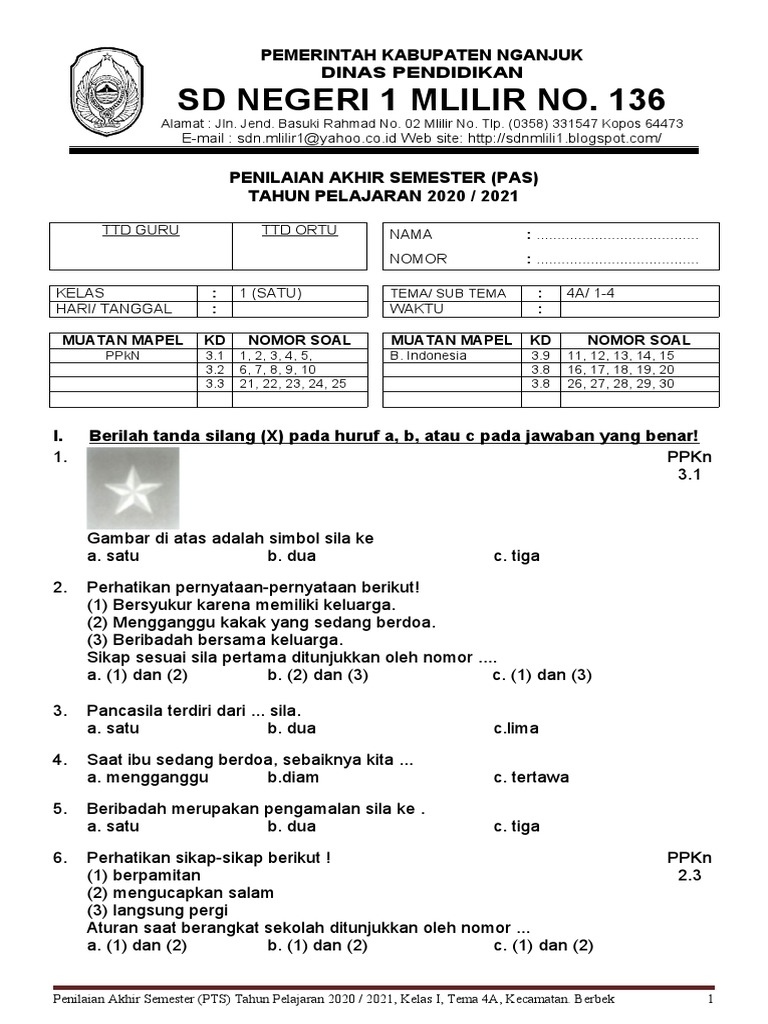 Soal Pas (K13) Kelas 1 Tema 4a | PDF