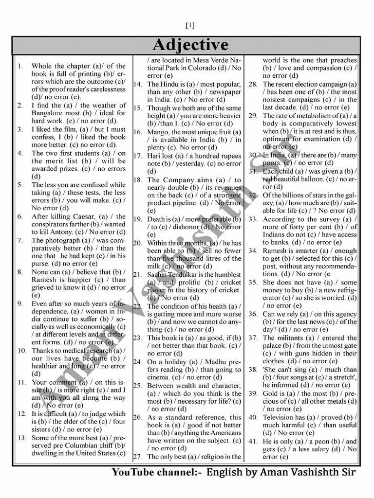 Adjective Practice Sheet | PDF