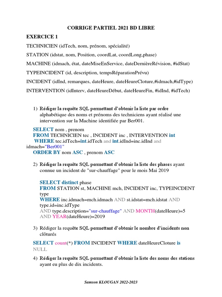 Corrige Partiel 2021 BD Libre | PDF | SQL | Programmation informatique