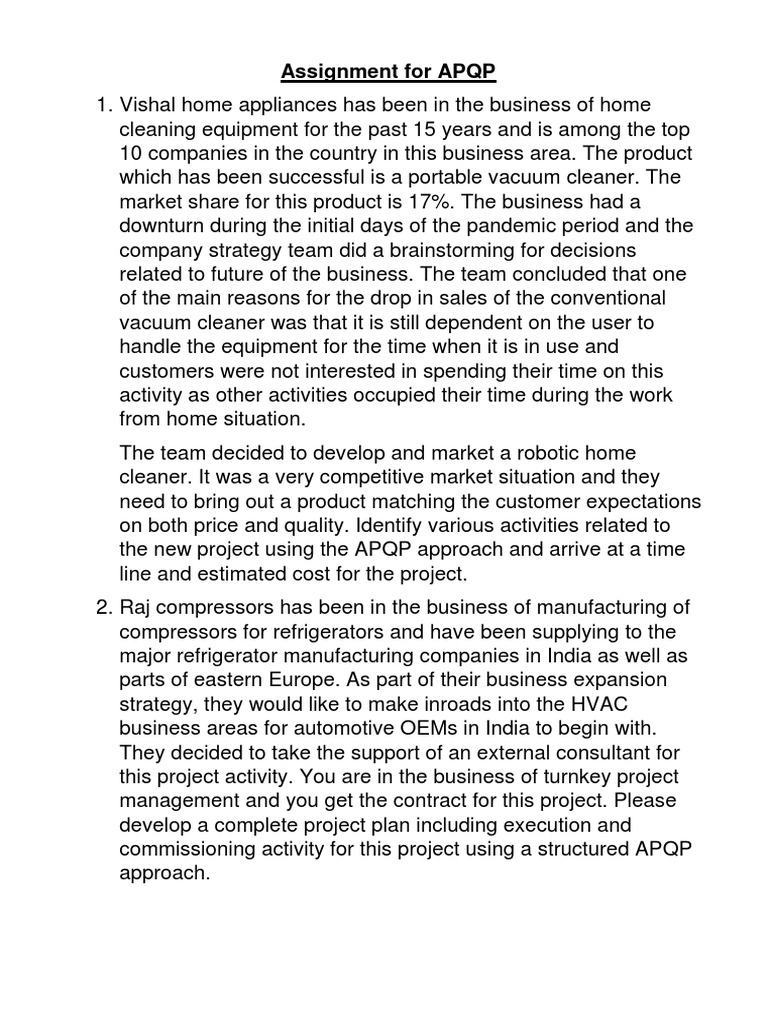 Developing a Robotic Home Cleaner: Applying APQP to Define Critical ...