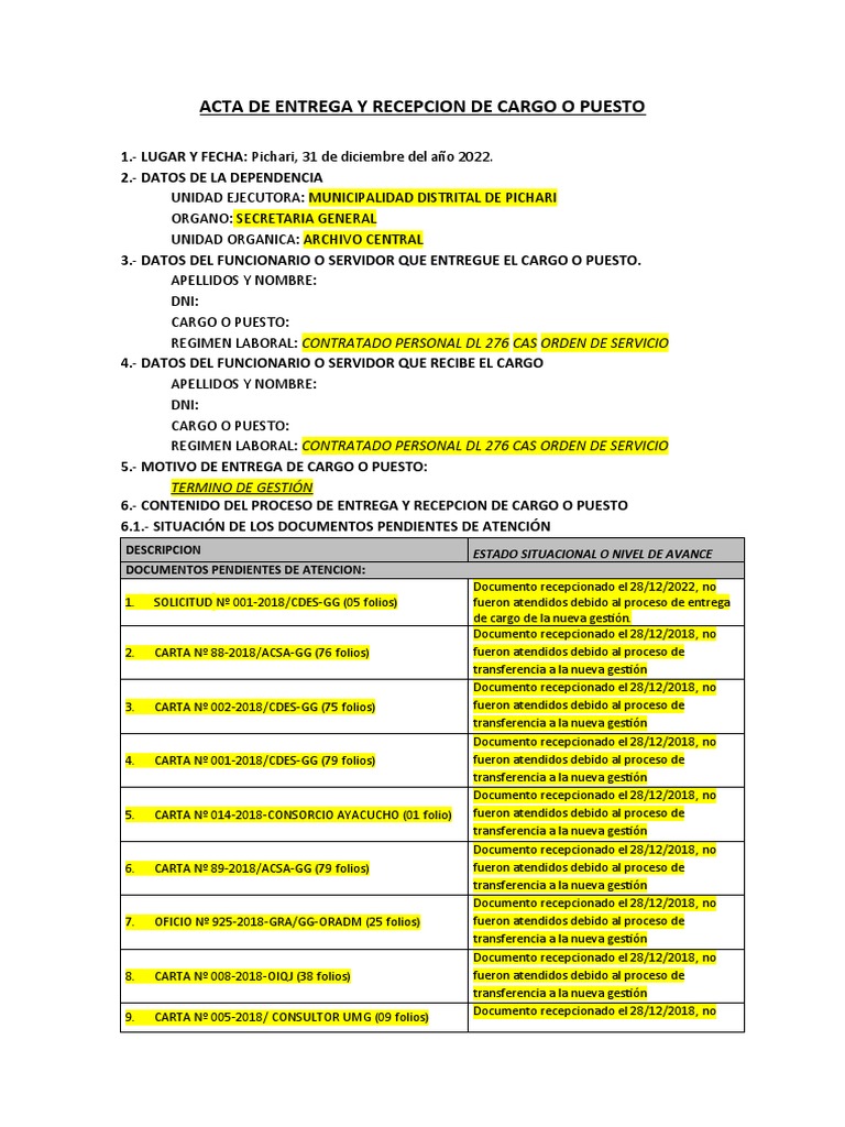 Acta de Entrega y Recepcion de Cargo o Puesto | PDF