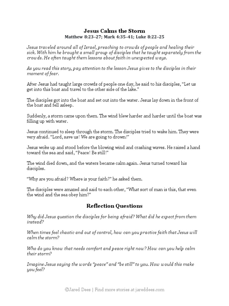 Jesus Calms The Storm Bible Story and Questions | PDF