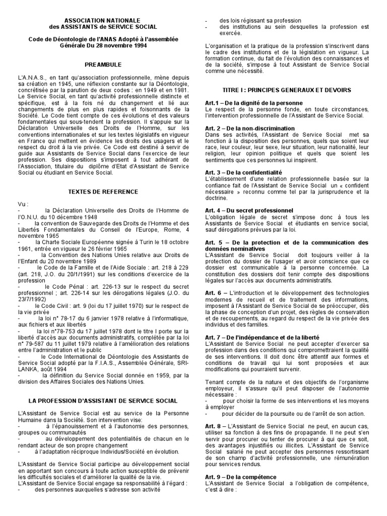 Code Déontologie ANAS: Principes Clés | PDF | Travail social | Convention européenne des droits ...