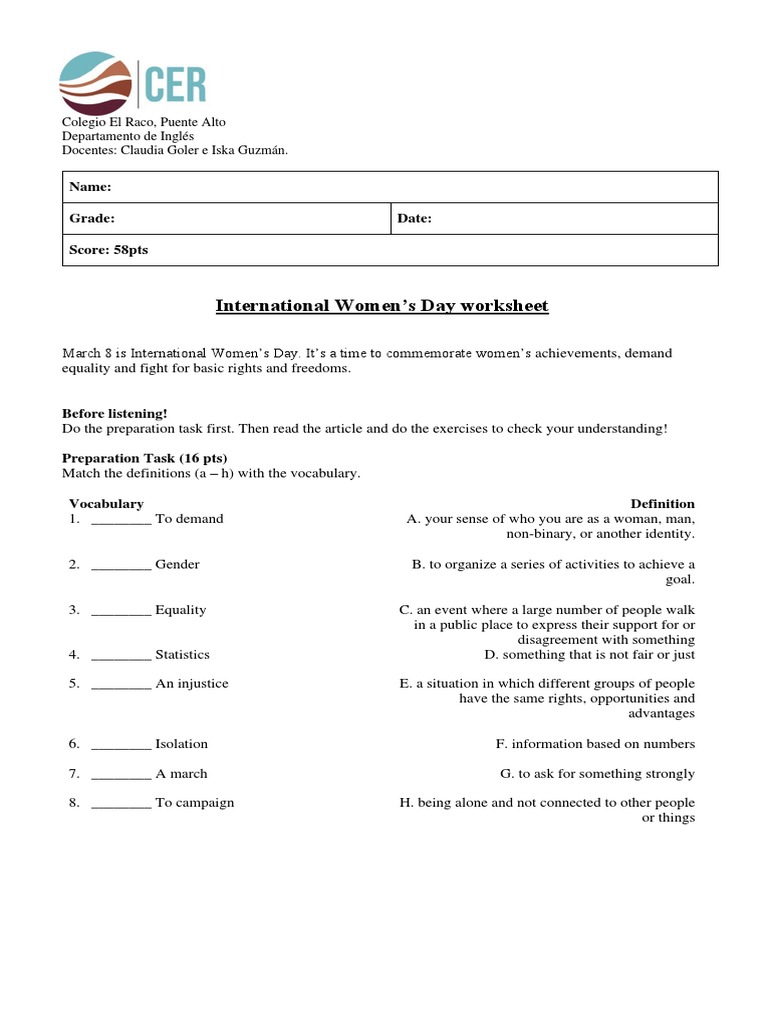 International Women's Day Worksheet | PDF | Woman | Women's Rights