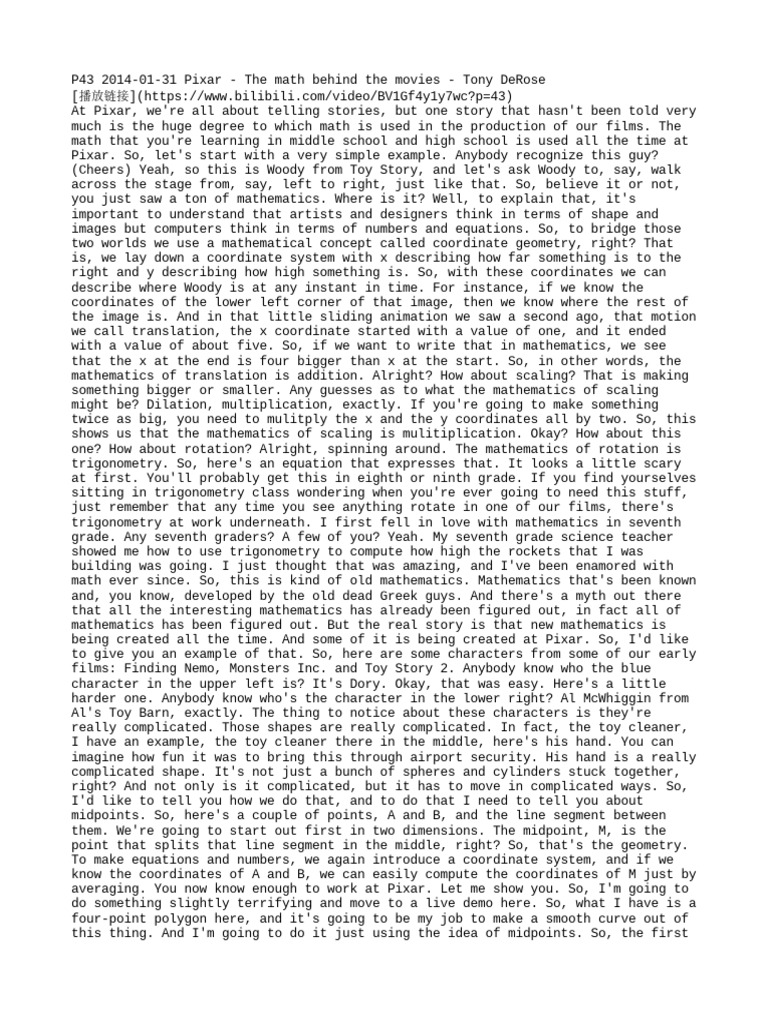 P43 2014-01-31 Pixar - The Math Behind The Movies - Tony DeRose | PDF ...
