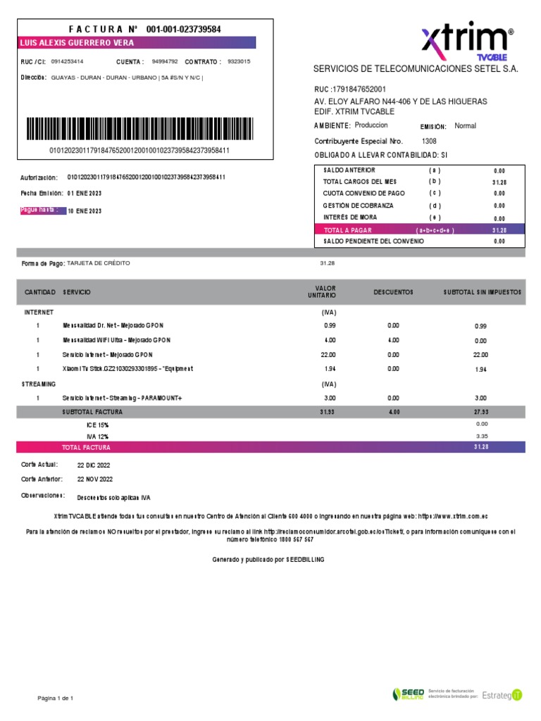 Factura de servicios de telecomunicaciones que detalla los cargos por ...