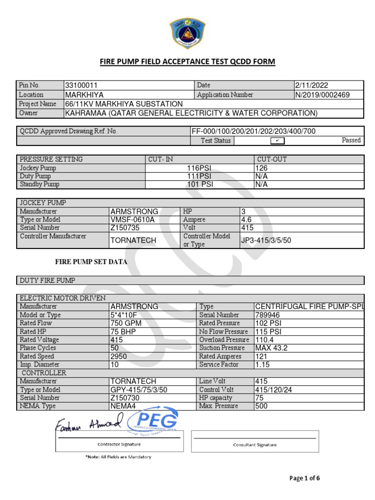 Part C - QCDD - 3B. Fire Pumps Field Acceptance Test-Signed | PDF ...