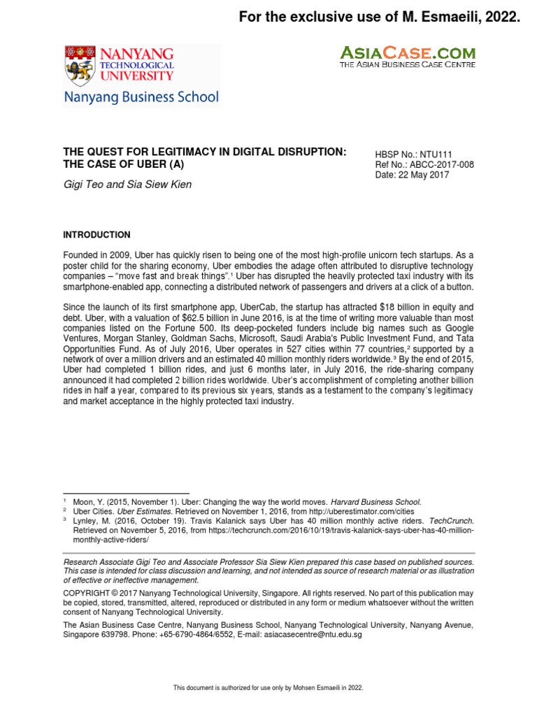 Uber - The Quest For Legitimacy in Digital Disuption | PDF | Employment ...