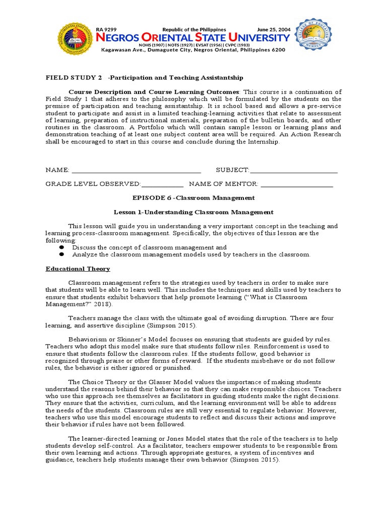 FIELD STUDY 2 - Participation and Teaching Assistantship Course Description and Course Learning ...