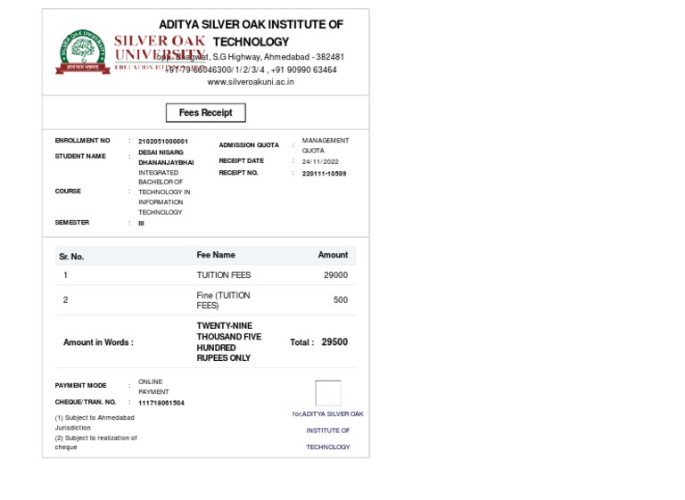 Aditya Silver Oak Institute of Technology: Fees Receipt | PDF