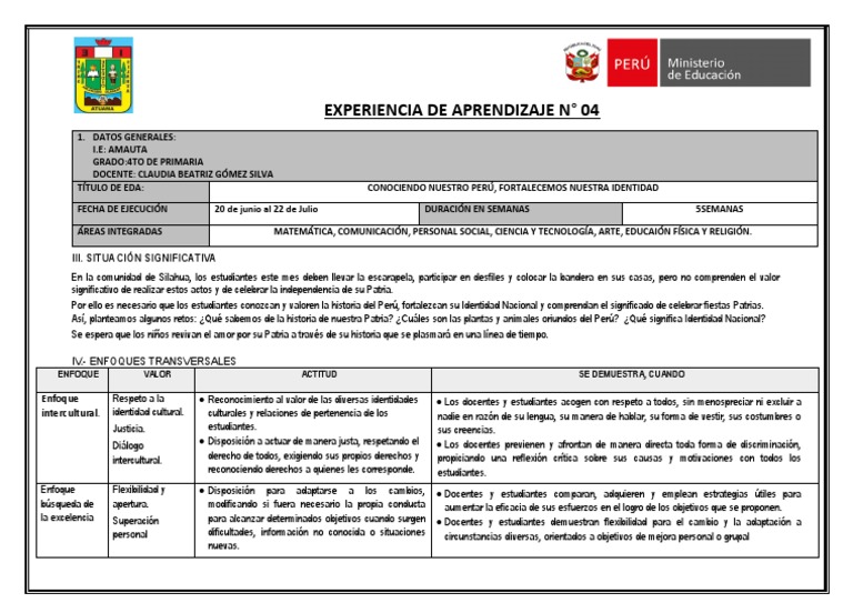 Experiencia de Aprendizaje #4 | PDF | Enseñando | Perú