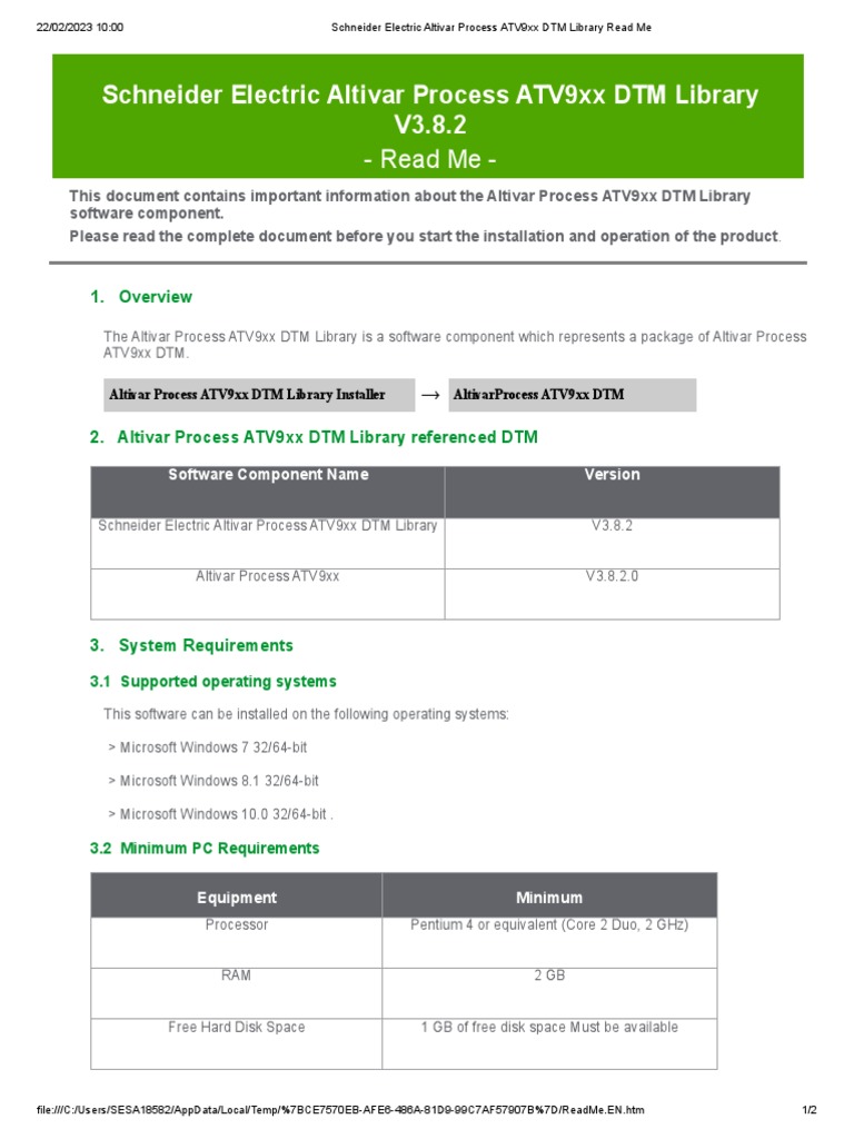 Schneider Electric Altivar Process ATV9xx DTM Library V3.8.2 ReadMe | PDF