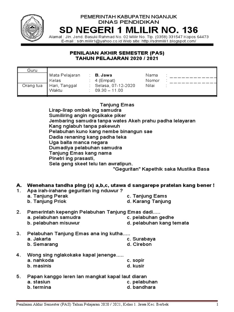 Soal PTS Bhs. Jawa Kelas 4 Semester 1 | PDF