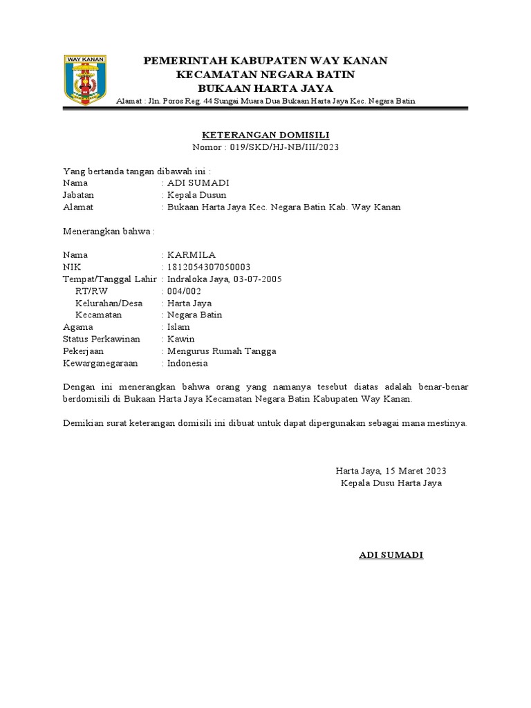 Surat Keterangan Domisili Way Kanan | PDF
