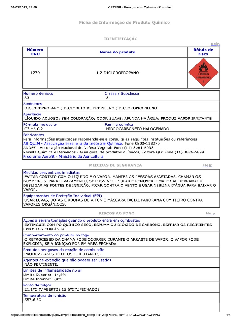 FISPQ 1,2-Dichloropropane CAS 78-87-5 | PDF
