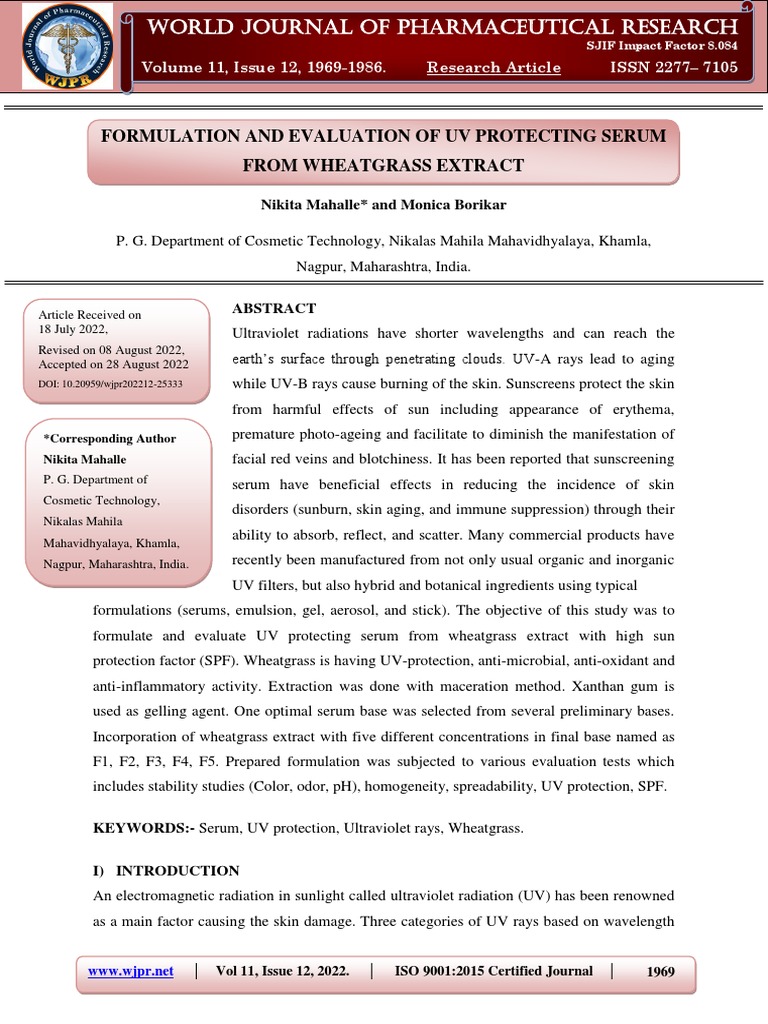 Formulation and Evaluation of Uv Protecting Serum | PDF | Ultraviolet ...