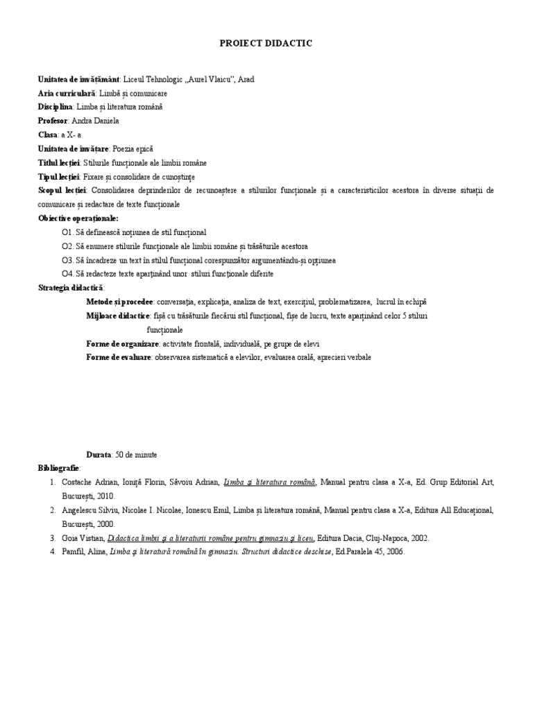 Stilurile Functionale Proiect de Lectie | PDF