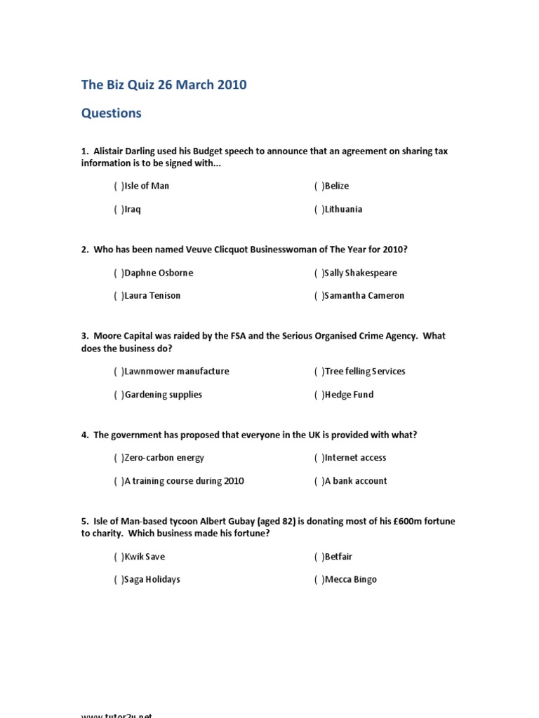 Biz Quiz Answers - March 2010 | PDF