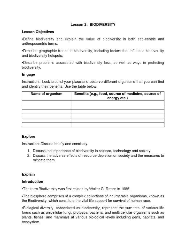 Lesson 2 BIODIVERSITY | PDF | Biodiversity | Ecosystem