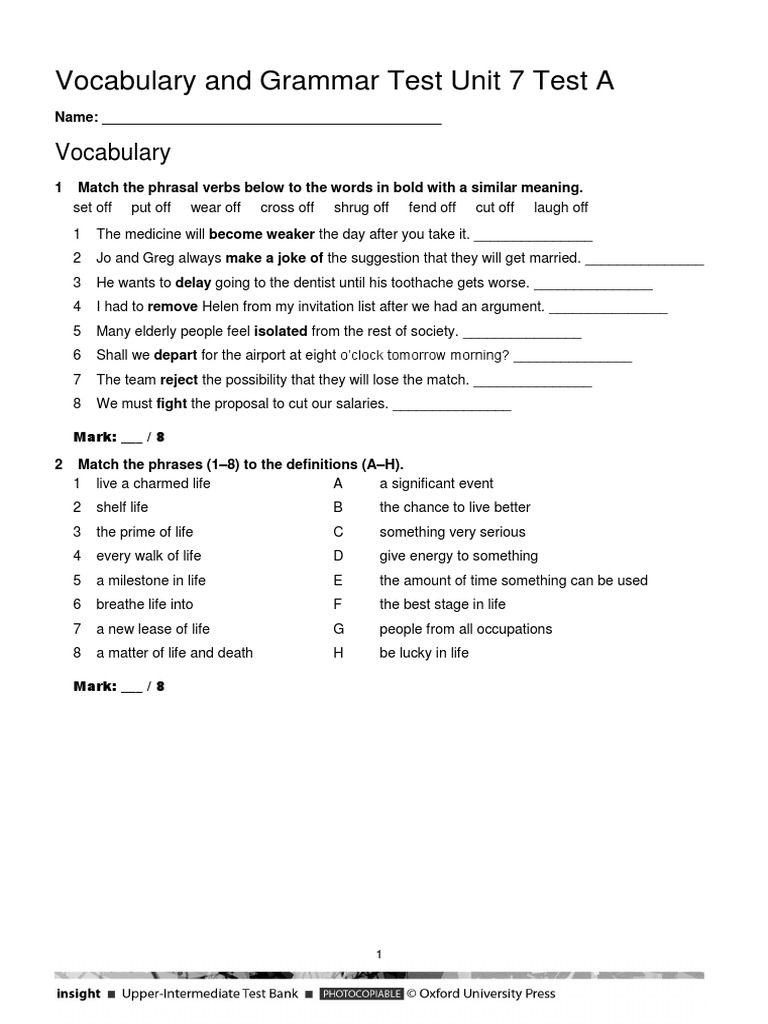 Vocabulary and Grammar Test Unit 7 Test A | PDF | Old Age