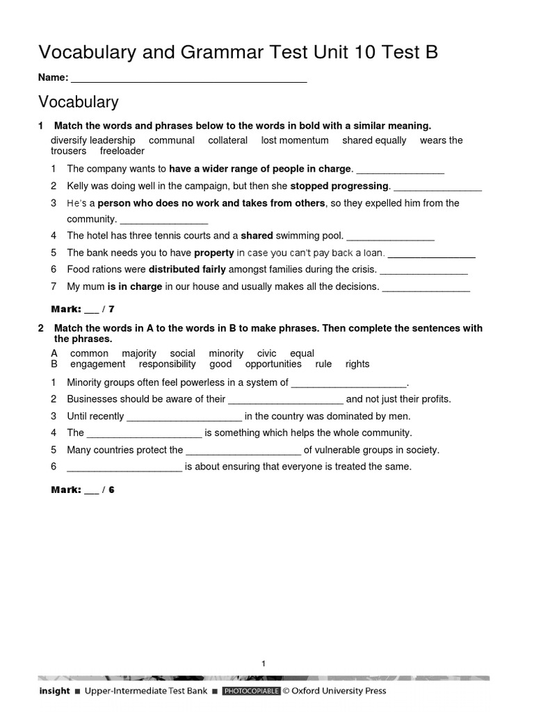 Vocabulary and Grammar Test Unit 10 Test B | PDF | Sentence ...
