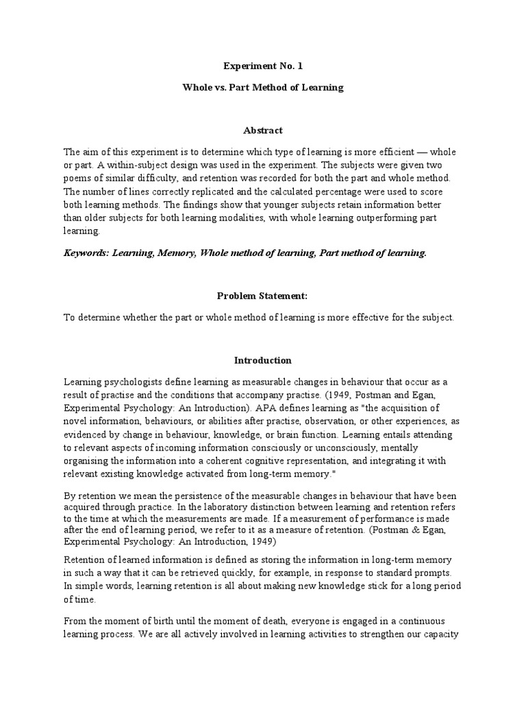 Exp - Whole Vs Part Method | PDF | Classical Conditioning | Learning