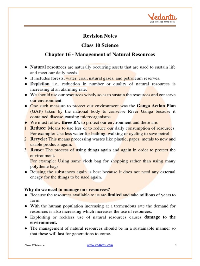Class 10 Science Chapter 16 Revision Notes | PDF | Resource | Water
