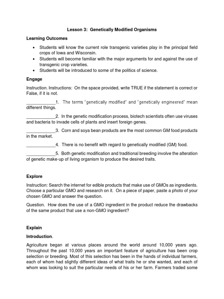 Lesson 3 GMOs | PDF | Genetically Modified Organism | Genetic Engineering