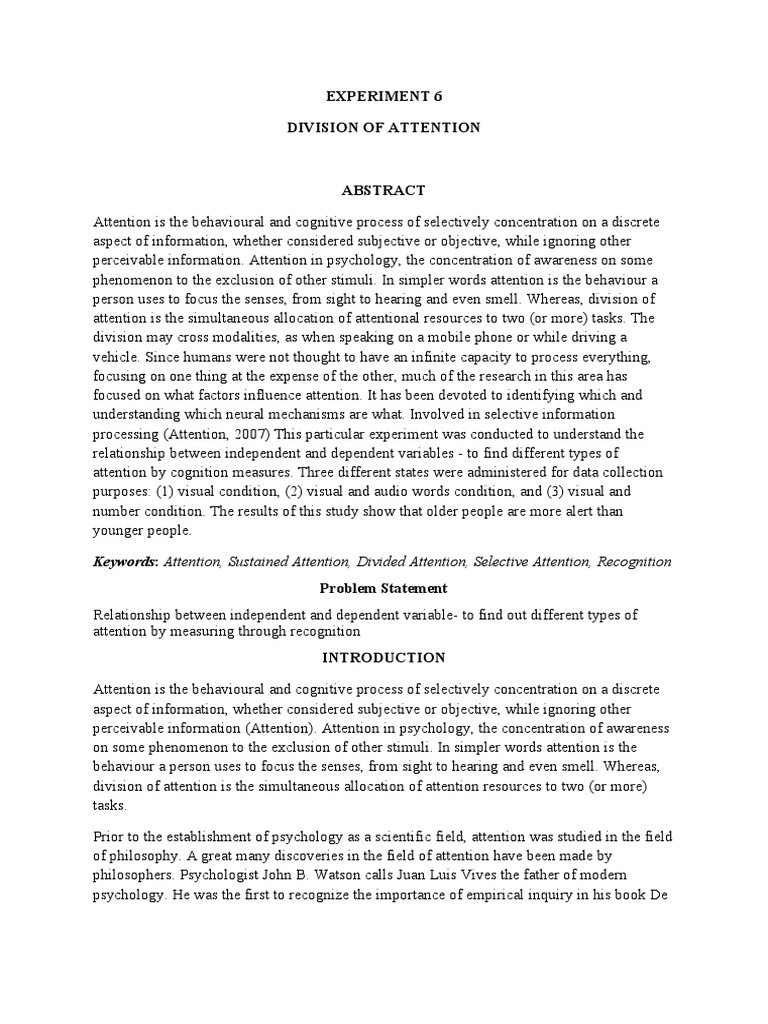 Experiment 6 Division of Attention | PDF | Attention | Memory