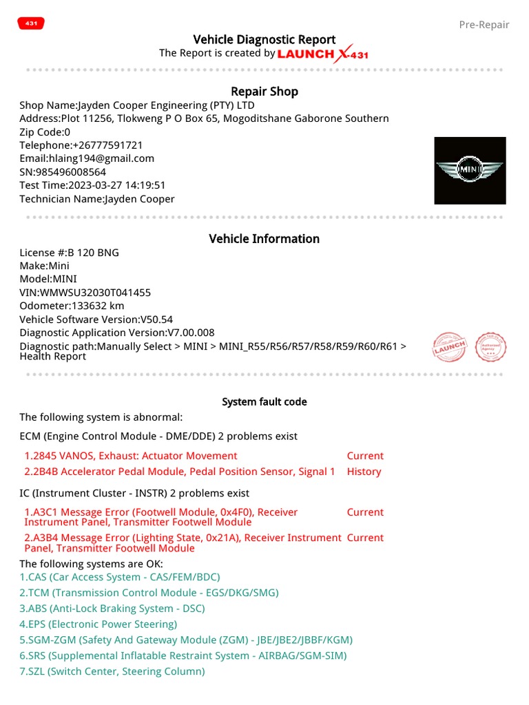 Mini Vehicle Diagnostic Report | PDF | Finance & Money Management ...