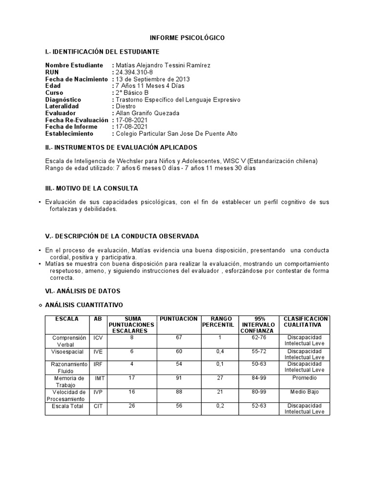 Modelo Informe Psicologico | PDF | Cociente de inteligencia | Discapacidad intelectual