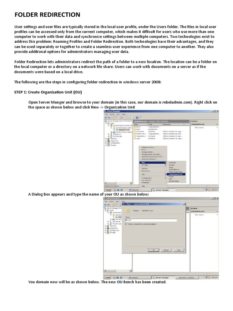 Folder Redirection: STEP 1: Create Organization Unit (OU) | PDF | Group Policy | Computer Science