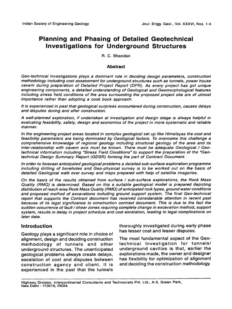 Planning and Phasing of Detailed Geotechnical Investigations For Underground Structures | PDF ...
