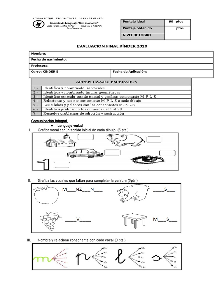 Prueba Final 2020 Kinder | PDF | Sílaba | Ciencia cognitiva