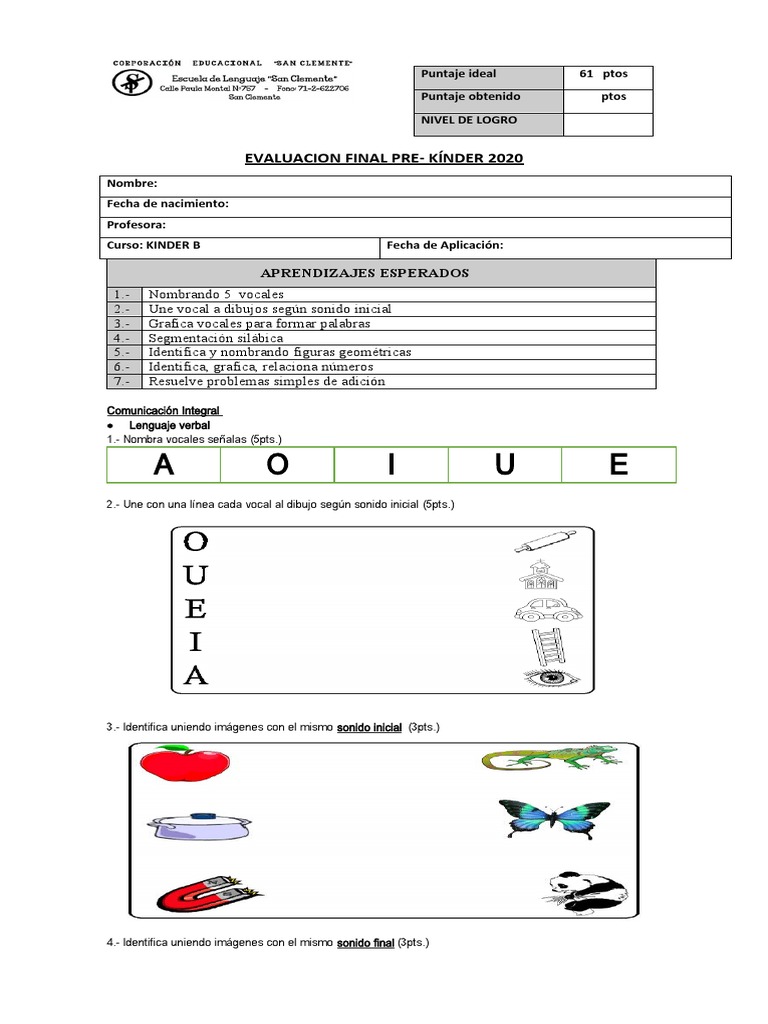 Evaluación Final Pre-Kínder 2020 | PDF | Ciencia cognitiva | Cognición