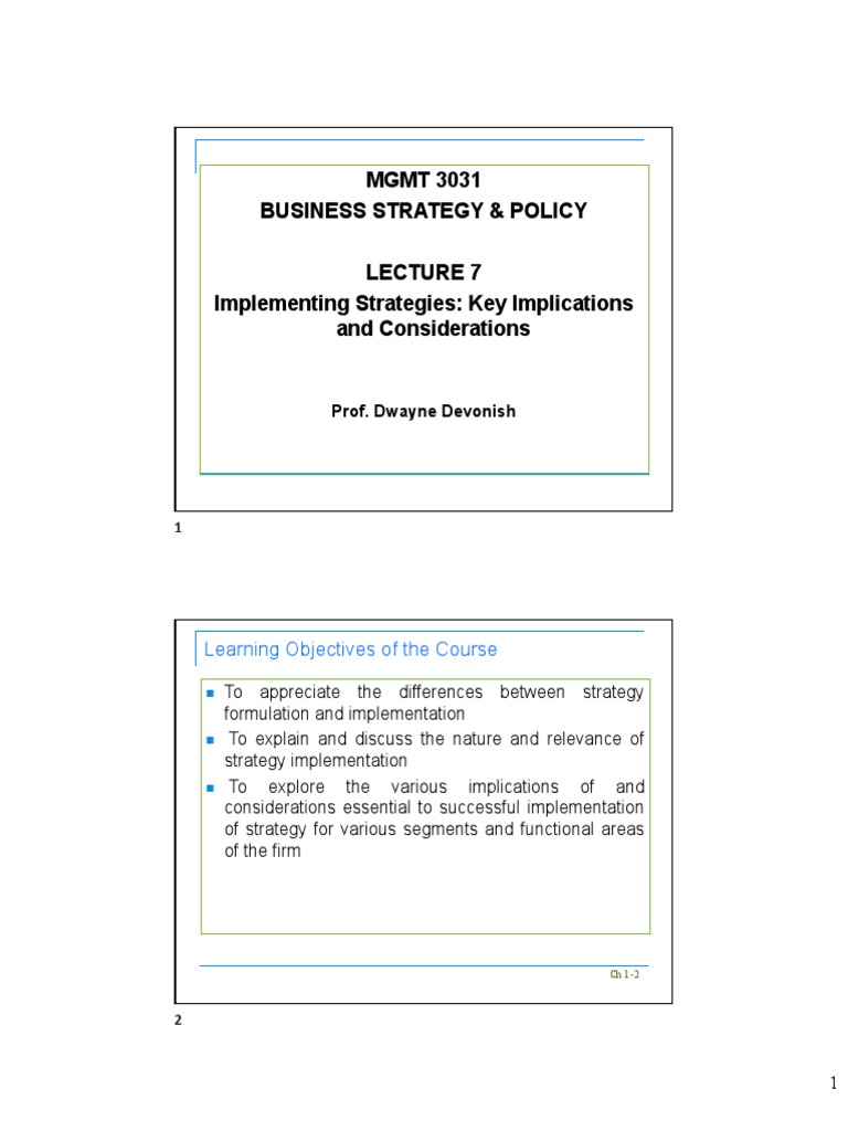 Lecture 7 Implementation of Strategies | Download Free PDF | Policy | Organizational Structure
