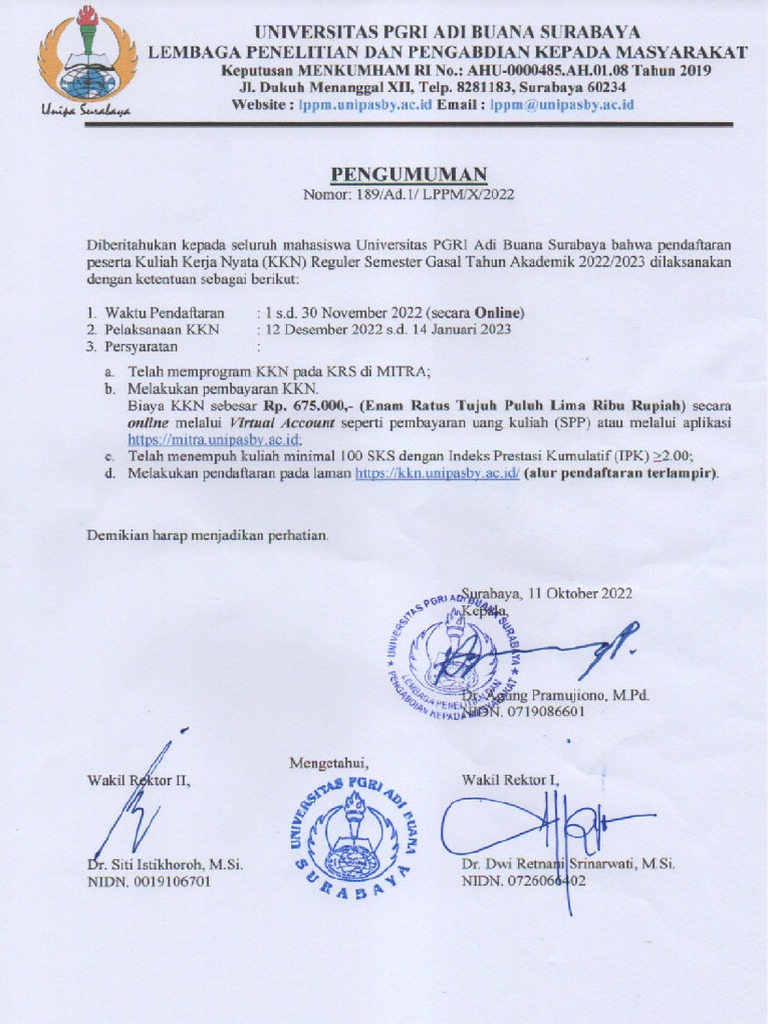Pengumuman Dan Alur Pendaftaran KKN Gasal 2022-2023 | PDF