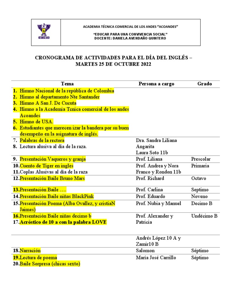 Cronograma para English Day | PDF