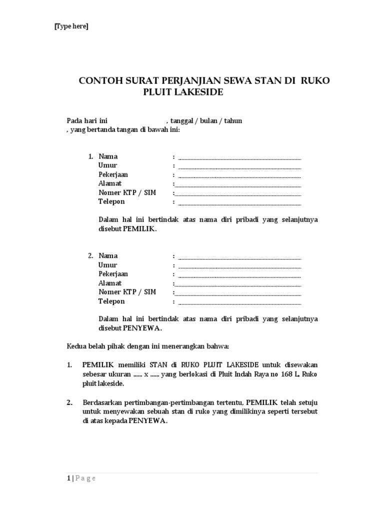 Contoh Surat Perjanjian Sewa Stan Di Ruko Pluit Lakeside | PDF