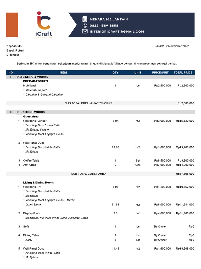NO Item QTY Unit Price/Unit Total Price: I Preliminary Works ...